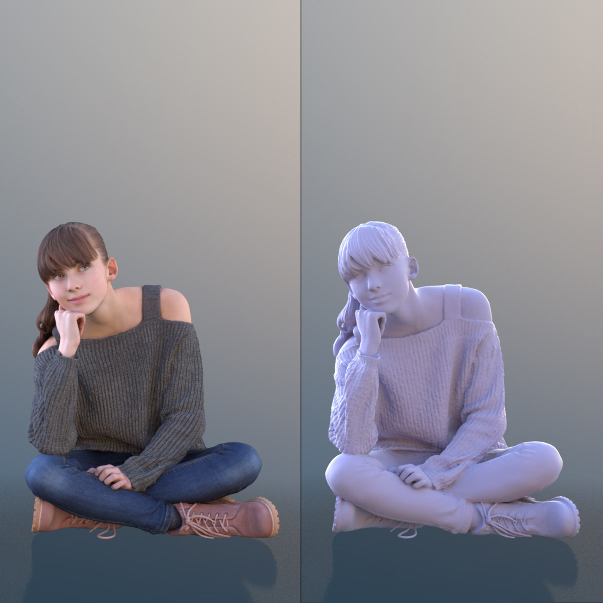 Modello 3D 10728 Lisa Ragazza seduta per terra con le gambe incrociate ...