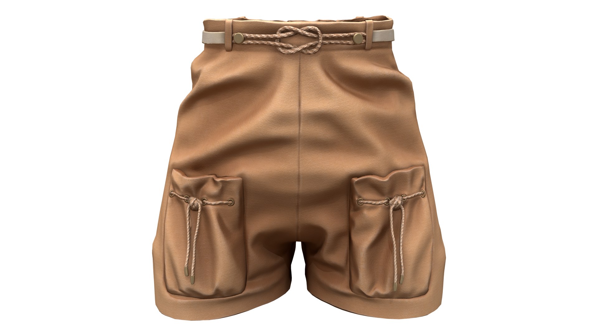 Beige Brown Slim Tie Belt Pockets Marin Fashion Summer Shorts 3D Model ...