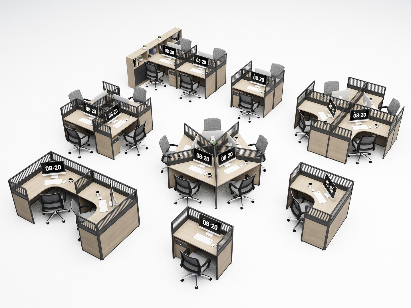 3D Office Furniture Combination Office Desks And Chairs Office Card Slots Computer Monitors ...