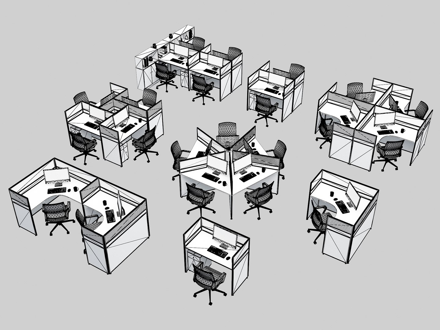 3D Office Furniture Combination Office Desks And Chairs Office Card Slots Computer Monitors ...