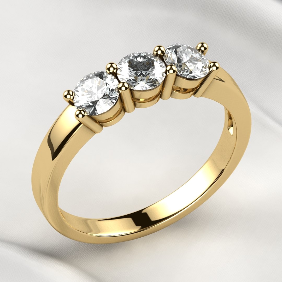 Three 4mm Diamonds Gold Ring Model - TurboSquid 1858339