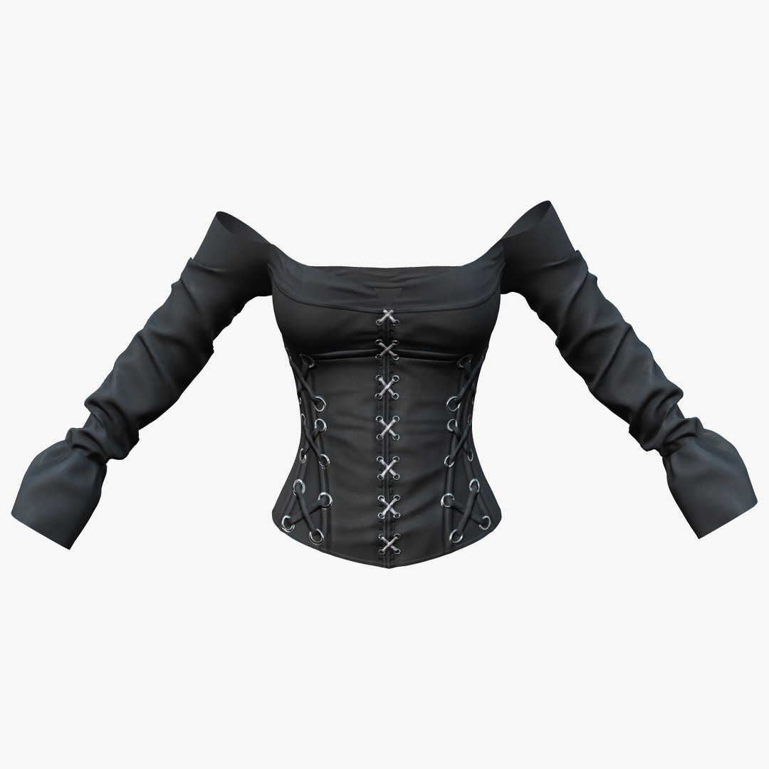Long Sleeves Off Shoulder Laces Up Dystopian Black Corset Top 3D Model ...