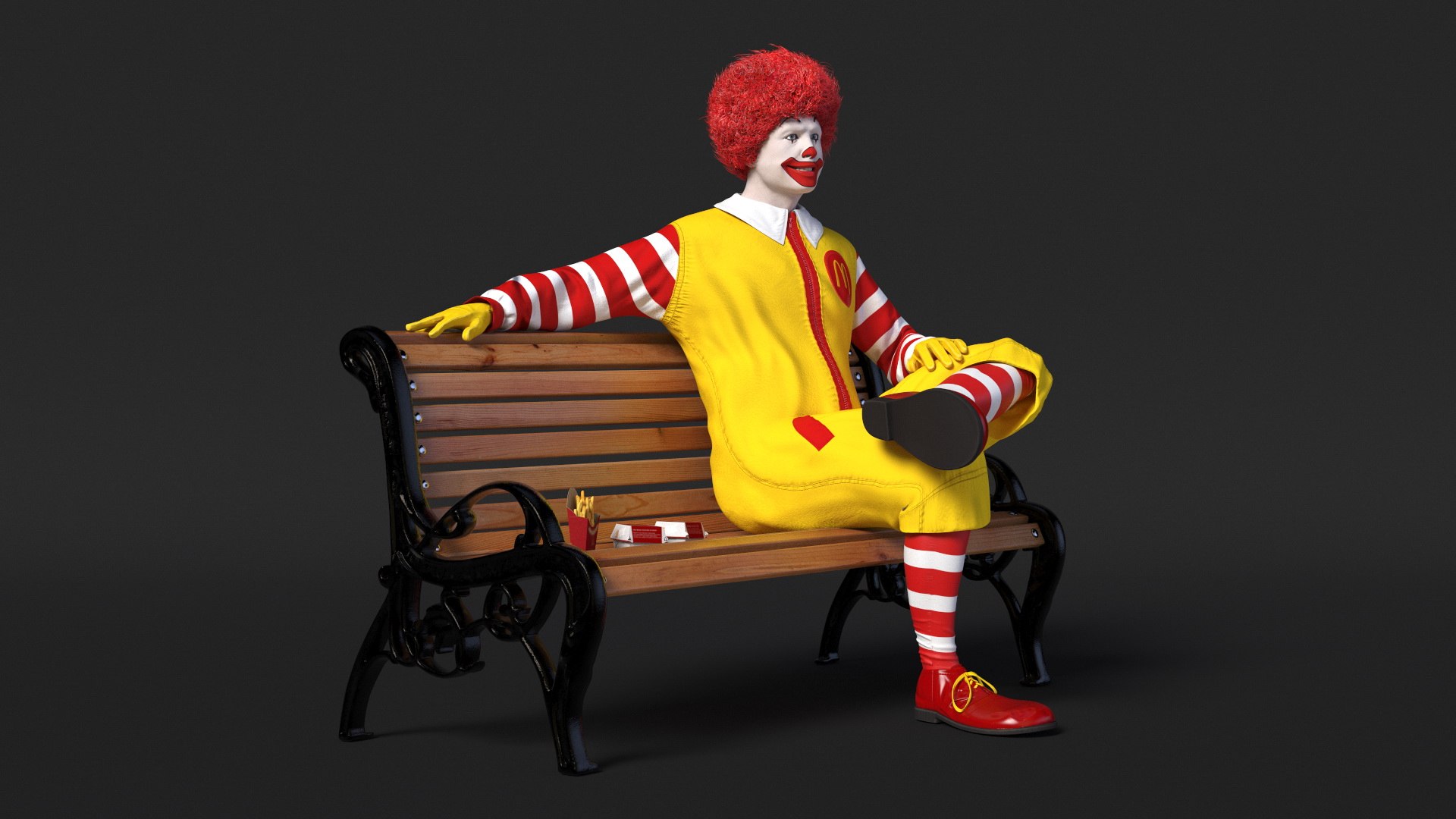 3D Ronald McDonald Having Lunch On Bench Fur - TurboSquid 2337708