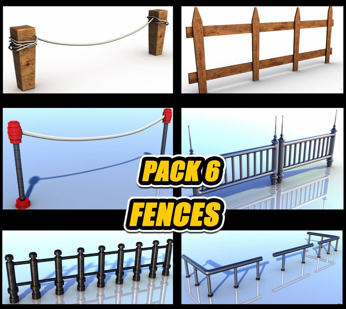 pack 6 fence railings 3d max