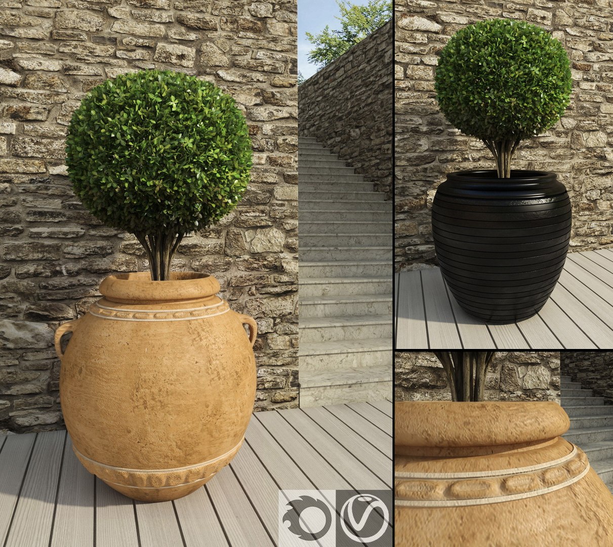 boxwoods rustic pots 3d max