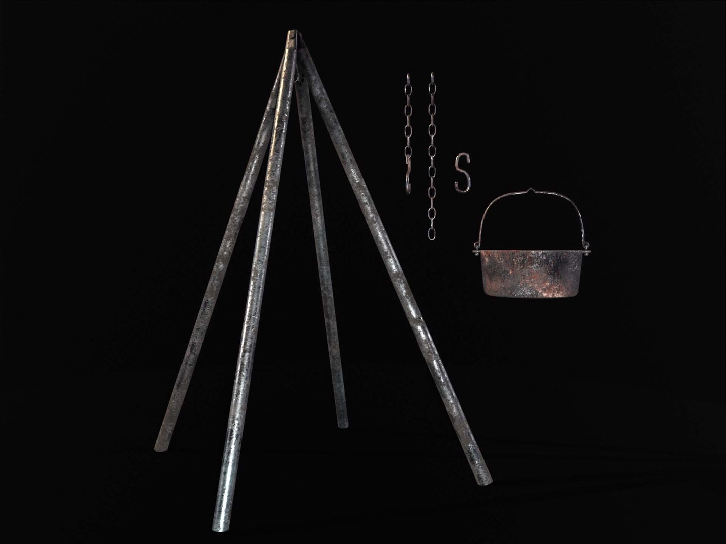 Old Medieval Iron Cooking Tripod With A Cooking Pot 3D Model ...
