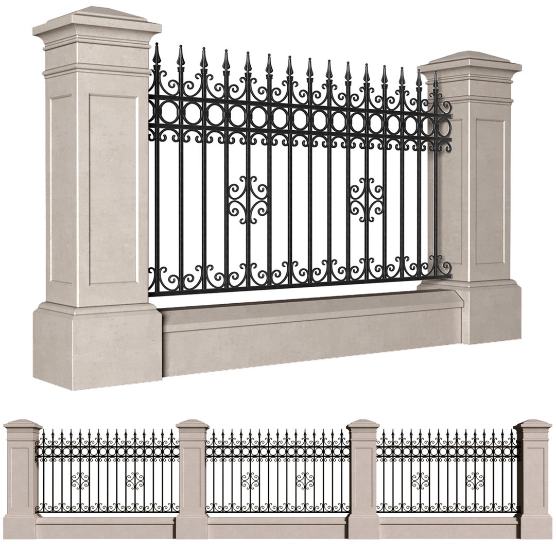 Fence In Classic Style With Wrought Iron Railing 3D Model - TurboSquid ...