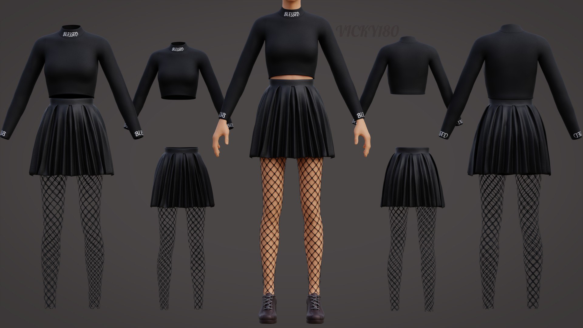 3D Goth Fishnet Outfit - Turtleneck Crop Top Pleated Metallic Leather ...