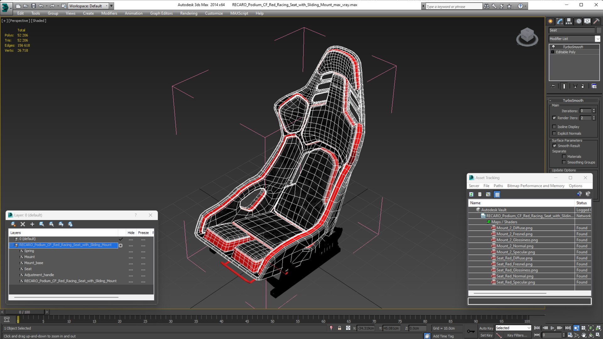 3D model RECARO Podium CF Red Racing Seat with Sliding Mount ...