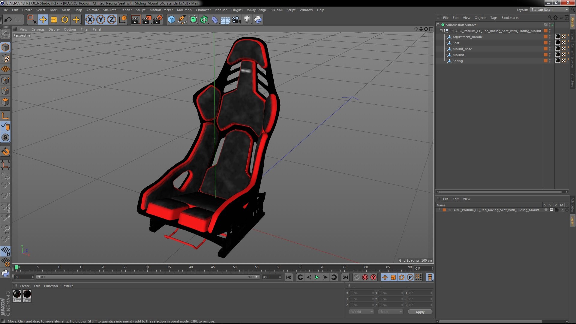 3D model RECARO Podium CF Red Racing Seat with Sliding Mount ...