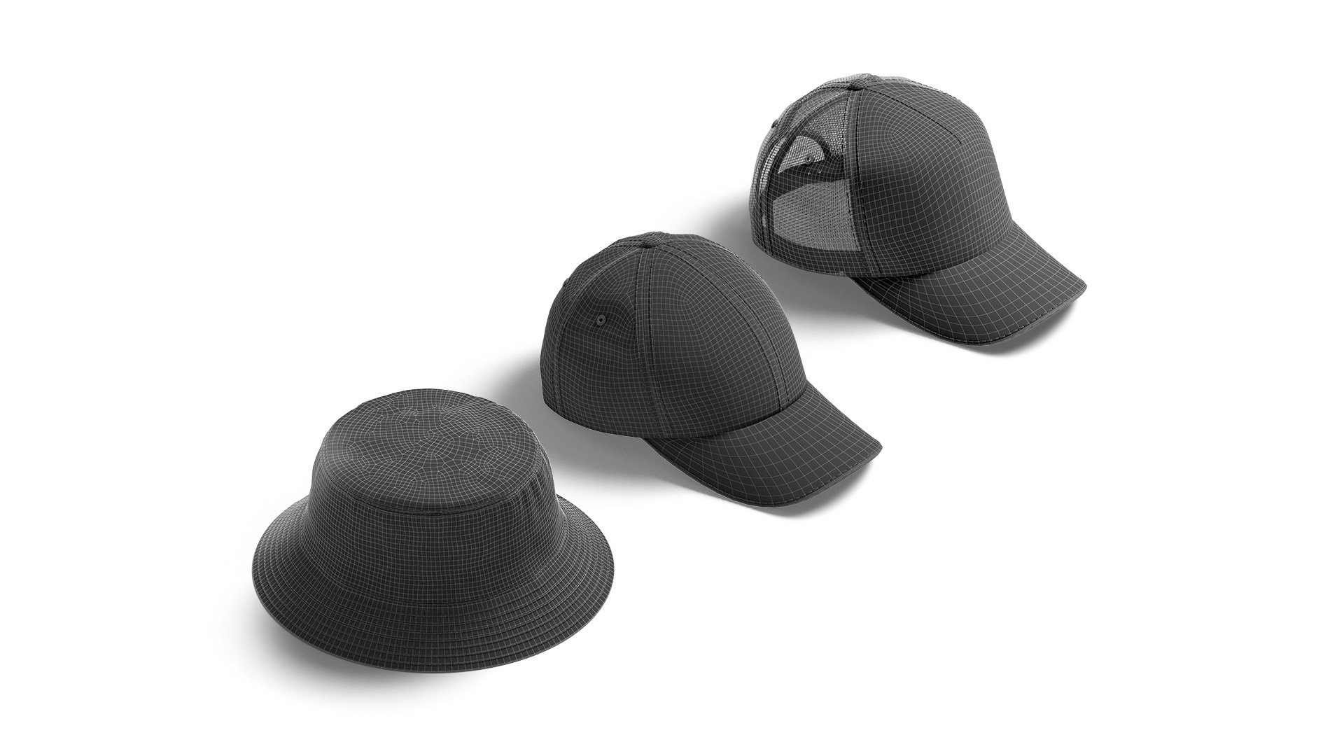 3D Model White Cap Set - 3 Type Baseball Trucker Bucket Hat ...