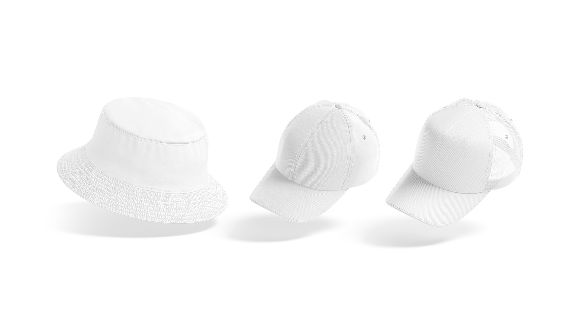 3D Model White Cap Set - 3 Type Baseball Trucker Bucket Hat ...