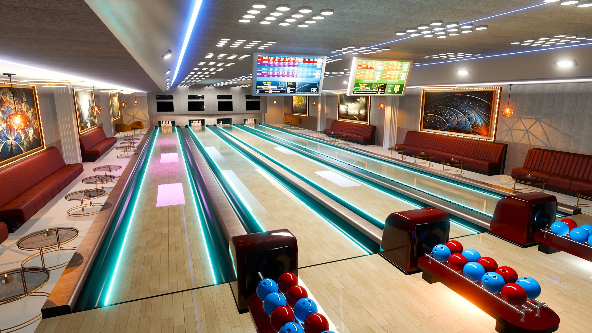 Premium Bowling Alley With Recreation Area Model - TurboSquid 2323939