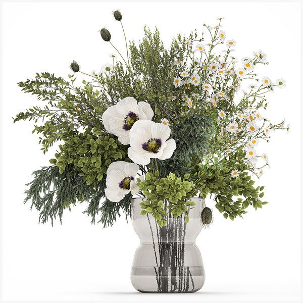 modelo 3d Ramo de ramas, hojas verdes y flores de amapola 462 ...