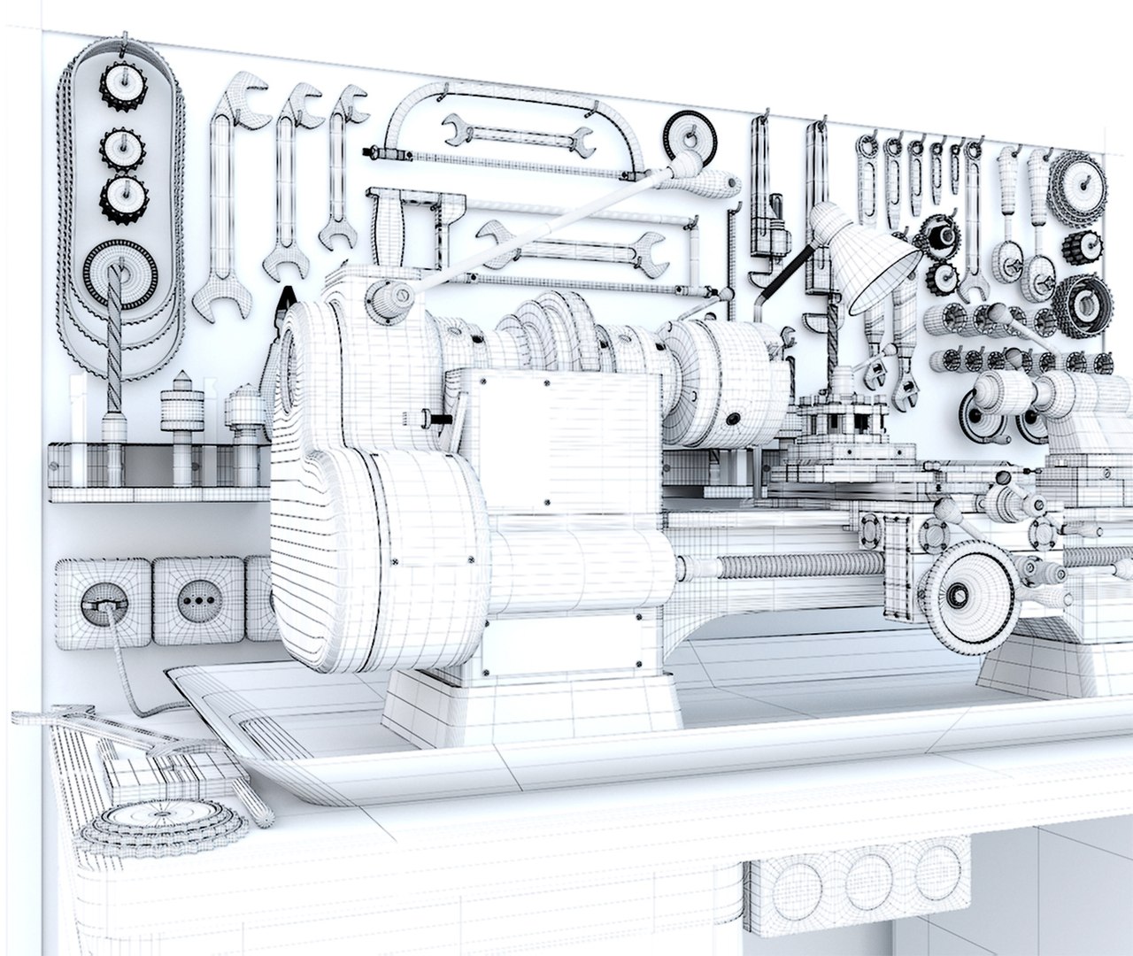 3D Industrial lathe machine tool workbench and garage tools MN-80 ...