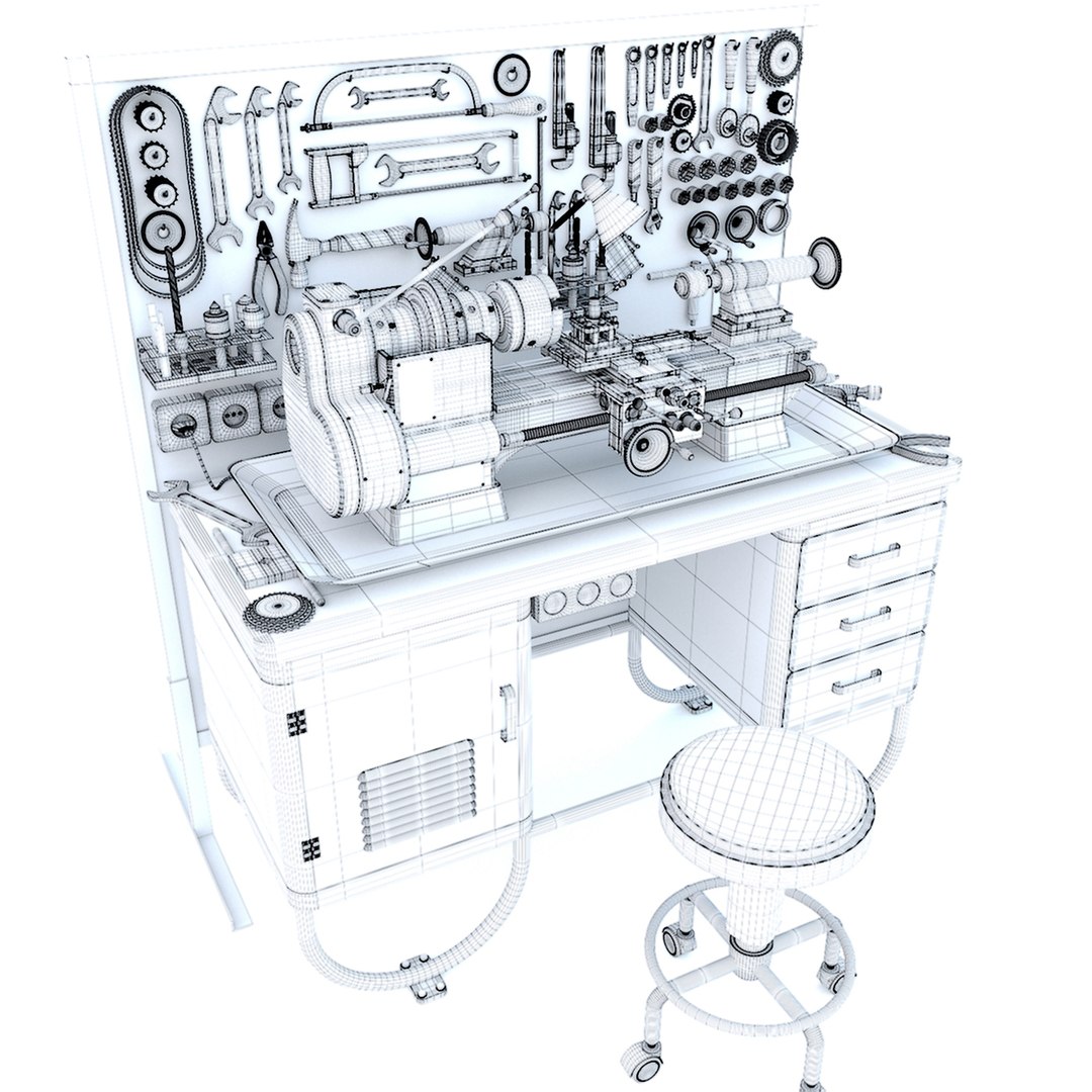 3D Industrial lathe machine tool workbench and garage tools MN-80 ...