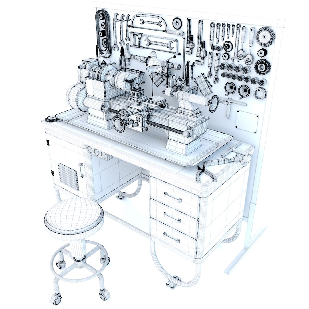 3D Industrial lathe machine tool workbench and garage tools MN-80 ...