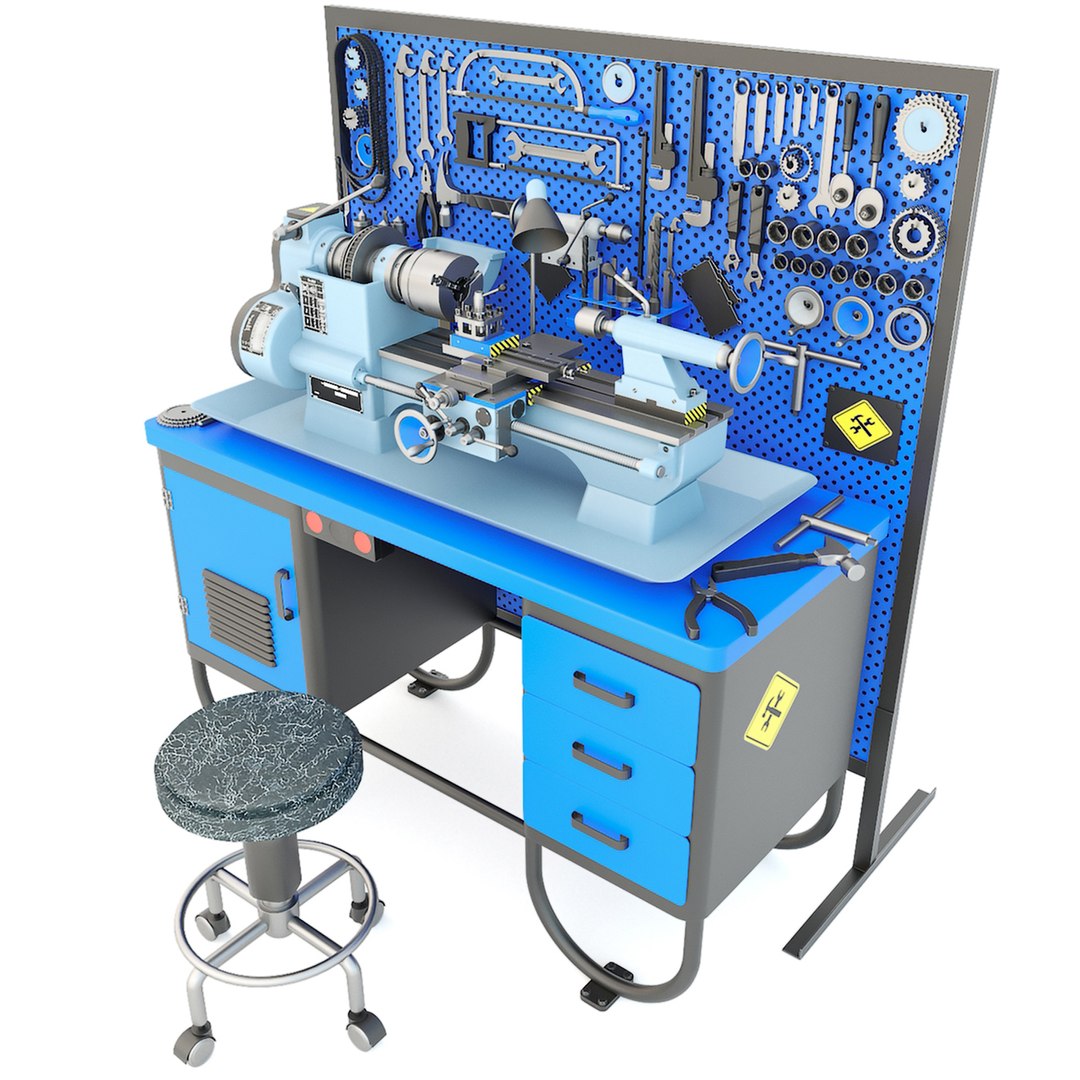 3D Industrial lathe machine tool workbench and garage tools MN-80 ...