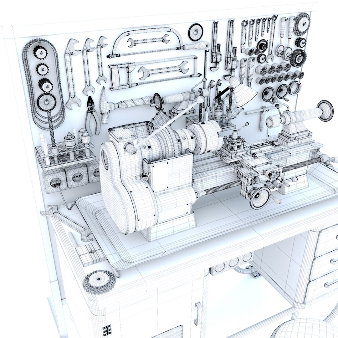 3D Industrial lathe machine tool workbench and garage tools MN-80 ...