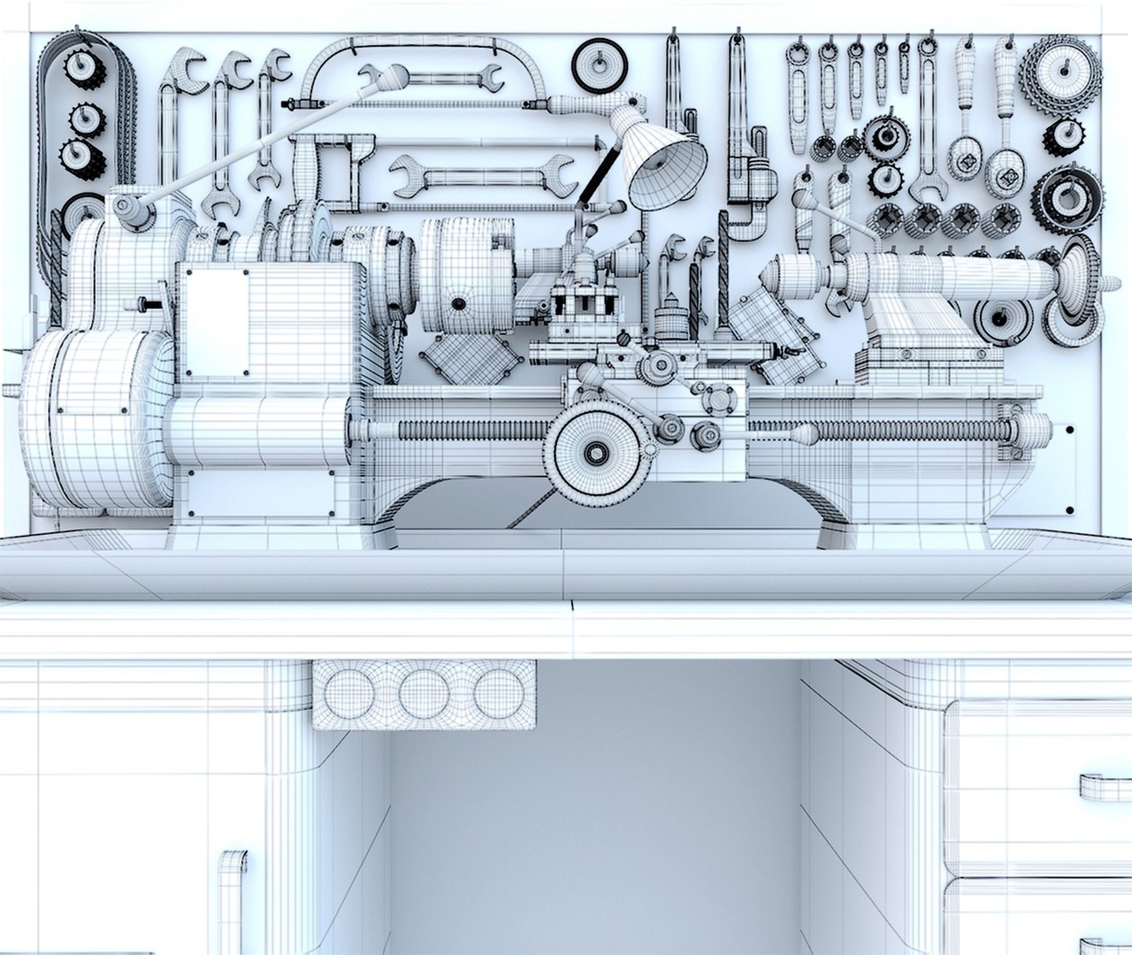 3D Industrial lathe machine tool workbench and garage tools MN-80 ...