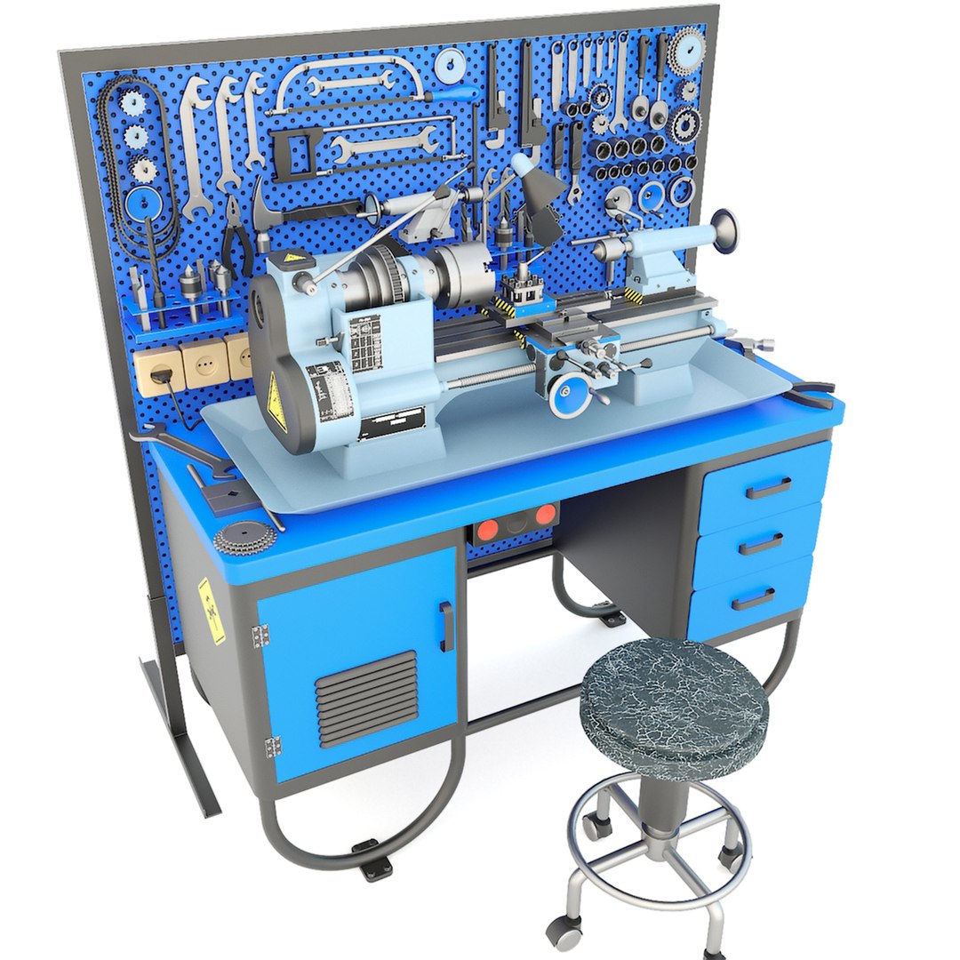 3D Industrial lathe machine tool workbench and garage tools MN-80 ...