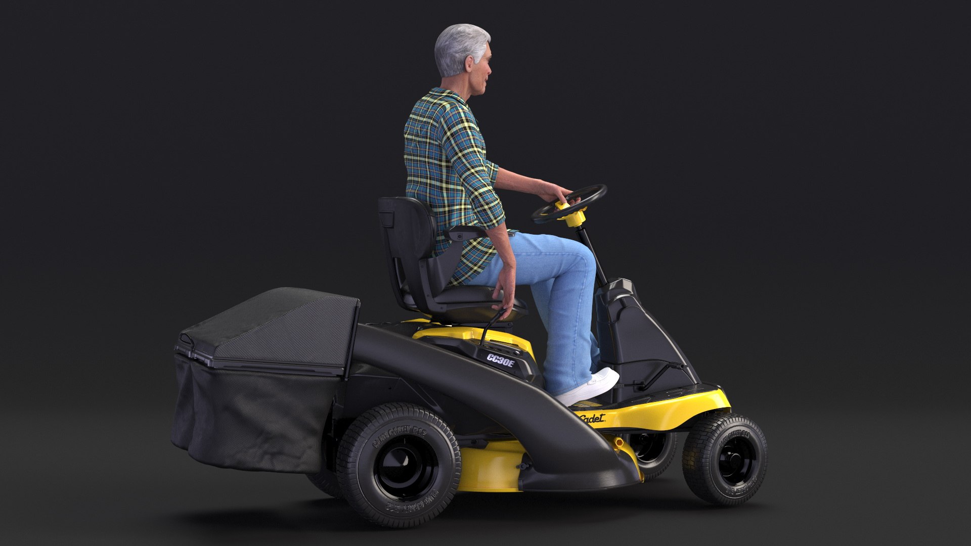 Man on Riding Lawn Mower with Bagger Cub Cadet CC30E Rigged for Cinema ...