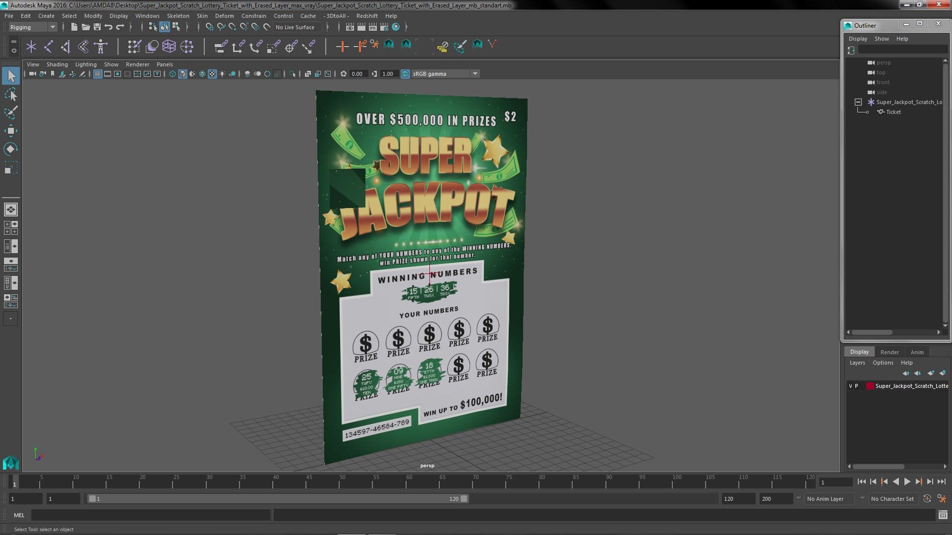 Super Jackpot Scratch Lottery Ticket With Erased Layer 3D Model ...