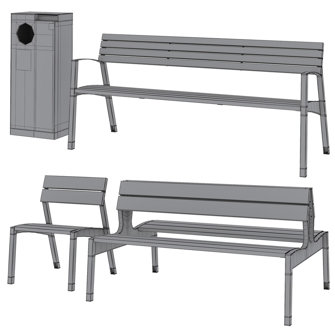 3D Vera Park Benches With Litter Bin Crystal By Mmcite Model ...