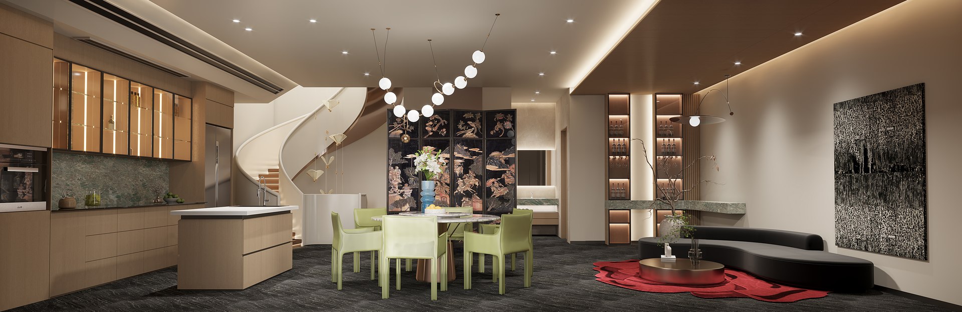 Modern Villa Living Room Dining Room Center Island Open Kitchen Revolving 3D - TurboSquid 2156334