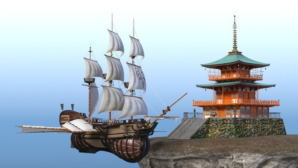 modelo 3d Barco volador con isla flotante y pagoda - TurboSquid 2326347