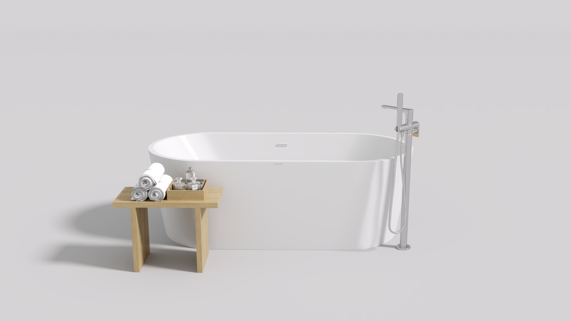 3D Modern Freestanding Bathtub With Wooden Bench And Accessories ...