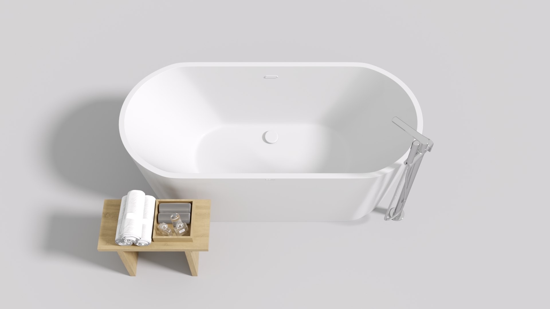 3D Modern Freestanding Bathtub With Wooden Bench And Accessories ...