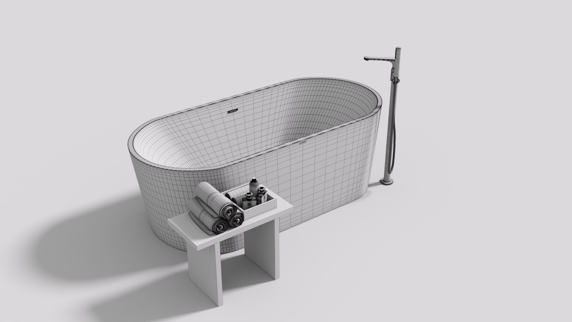 3D Modern Freestanding Bathtub With Wooden Bench And Accessories ...