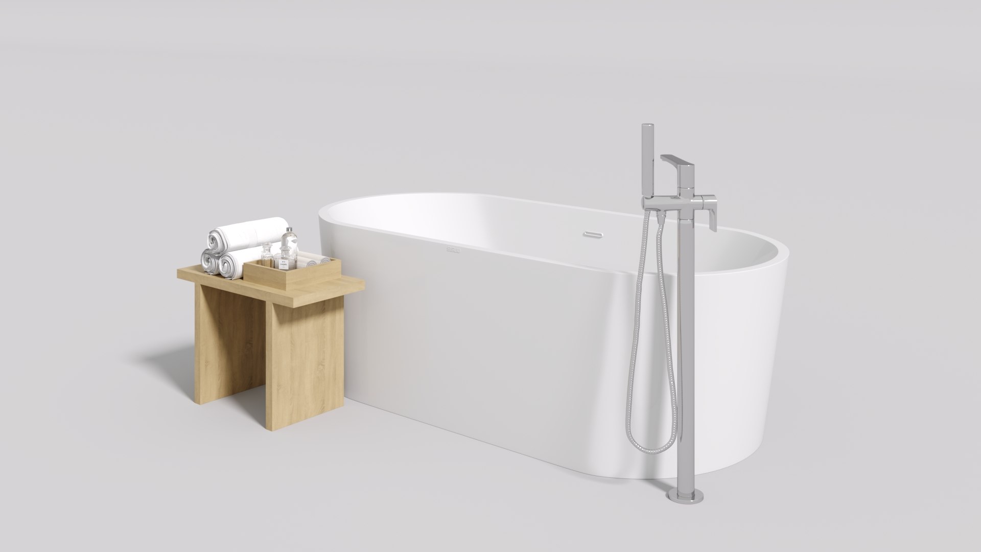 3D Modern Freestanding Bathtub With Wooden Bench And Accessories ...