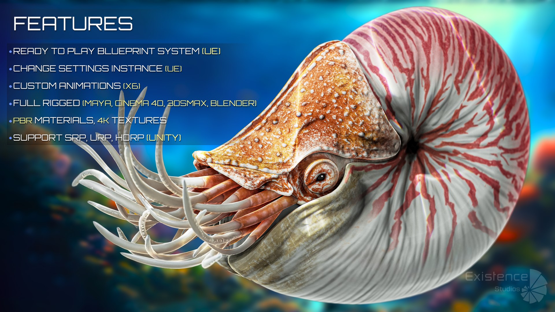 Nautilus Pompilius - Shell Mollusk - Underwater Tentacles - 44 3D Model ...