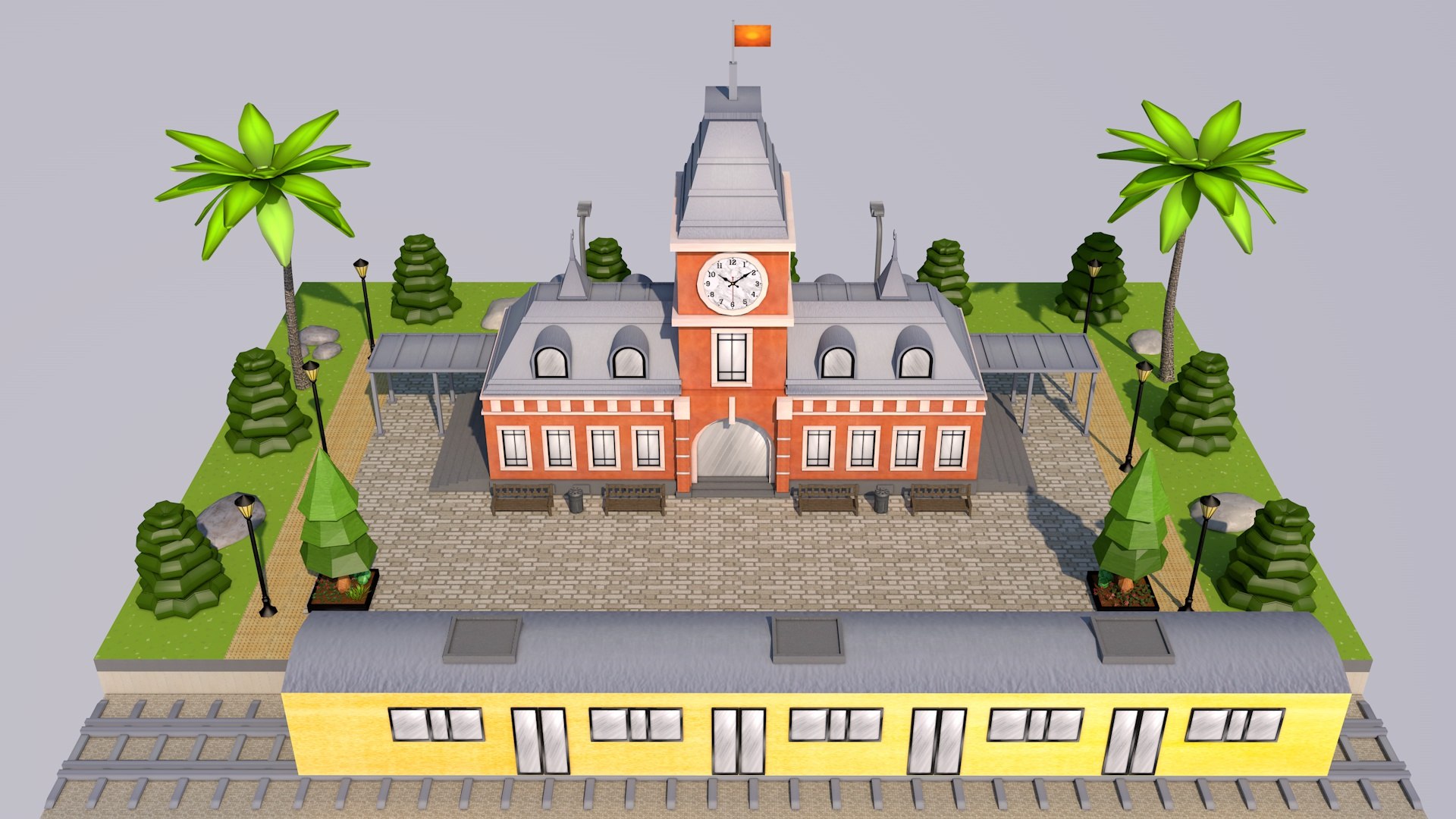 3D Low Poly Cartoon Train Station 3D Model Model - TurboSquid 2281578