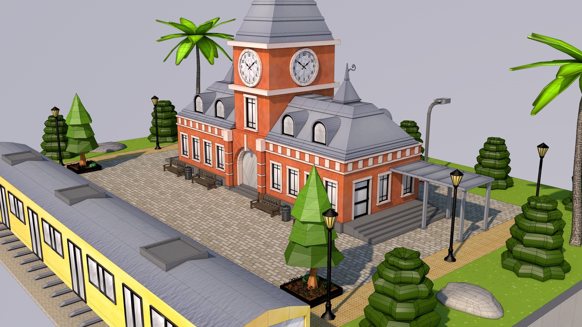 3D Low Poly Cartoon Train Station 3D Model Model - TurboSquid 2281578
