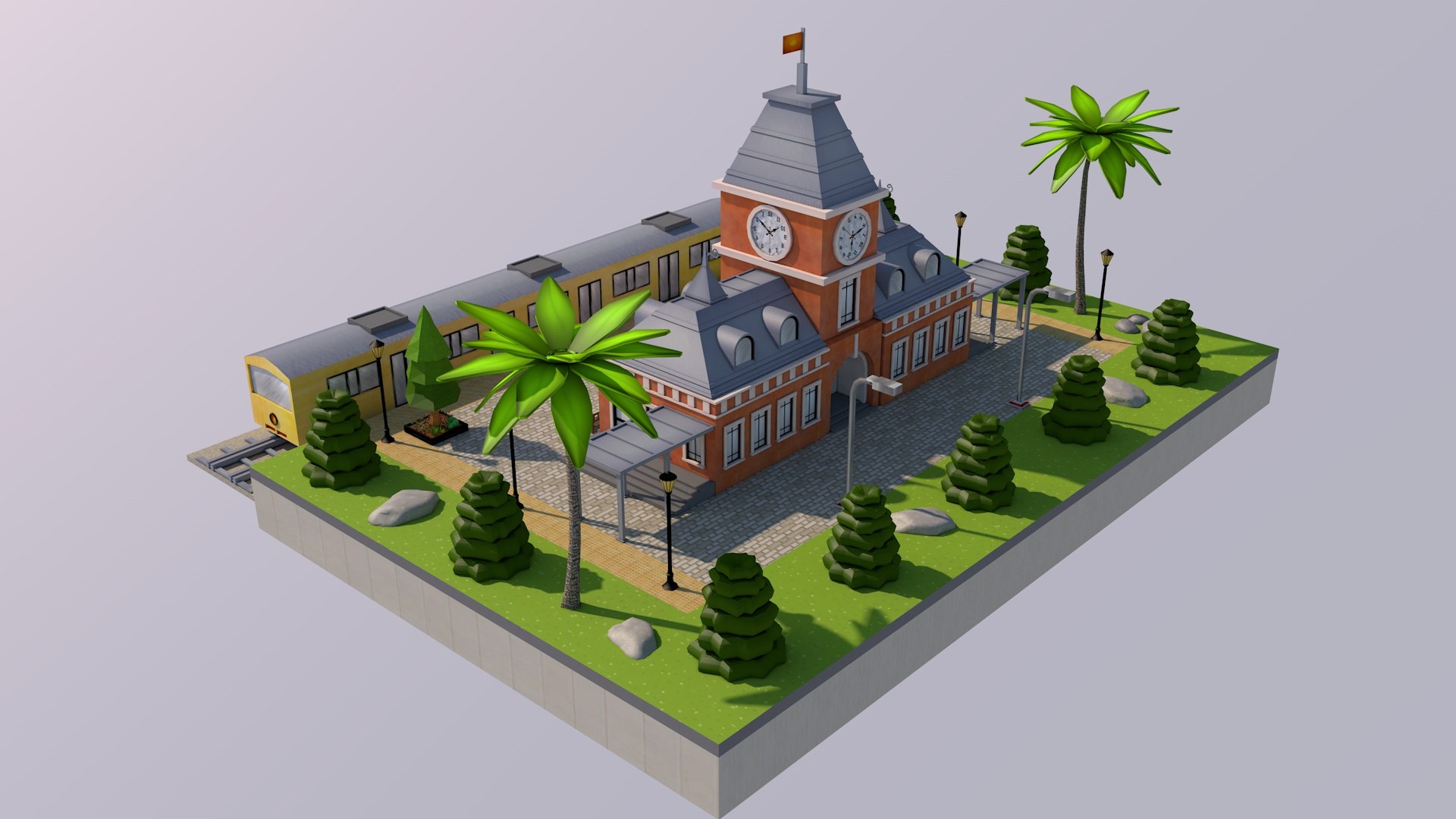 3D Low Poly Cartoon Train Station 3D Model Model - TurboSquid 2281578
