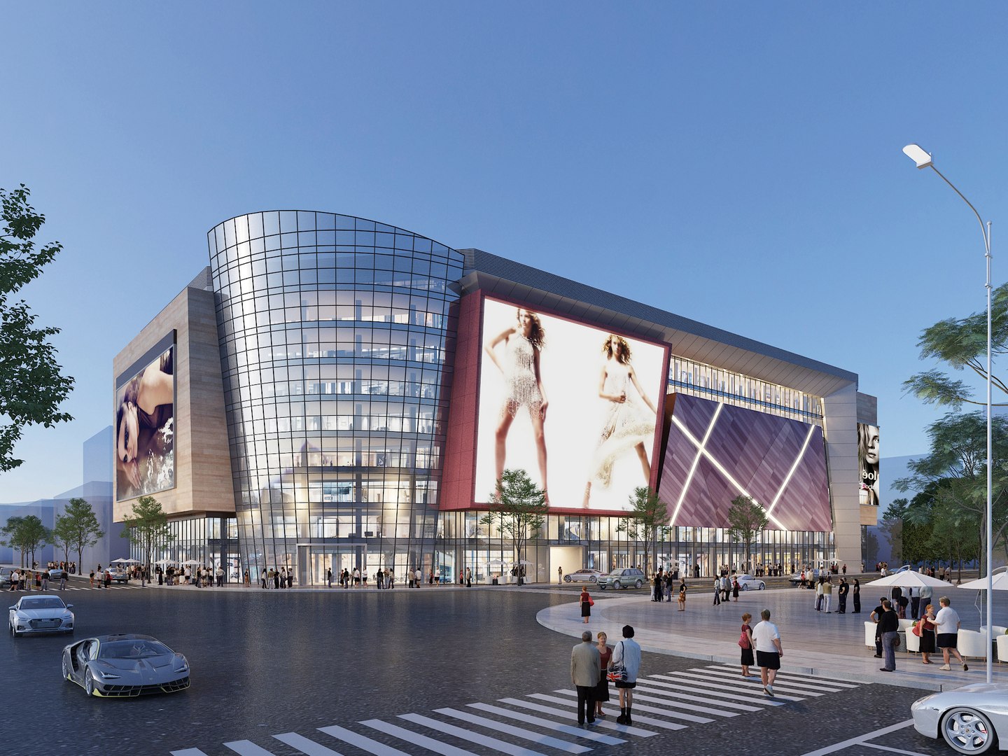 3D Modern Commercial Shopping Centers Commonly Use Cars Streetlights ...