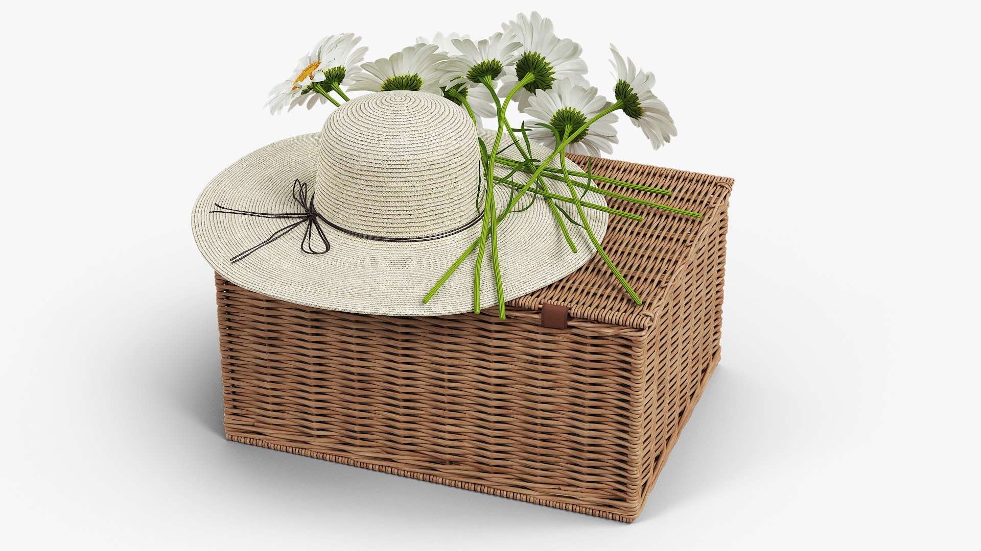 Wicker Basket With Straw Hat And Daisies 3D Model - TurboSquid 2516762