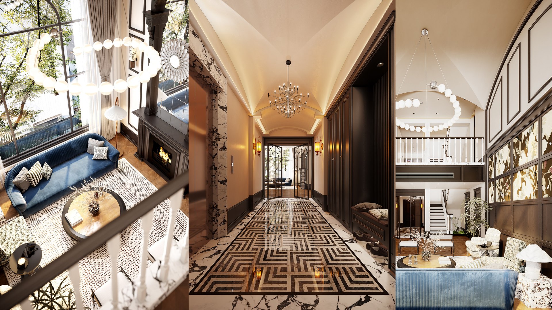 3D American Style Villa Living Room Dining Room Study Kitchen ...