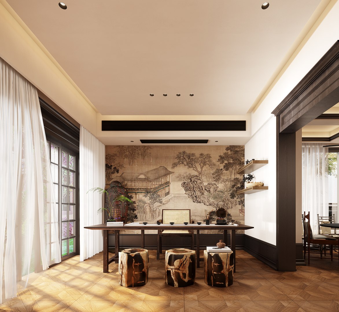 3D American Style Villa Living Room Dining Room Study Kitchen ...