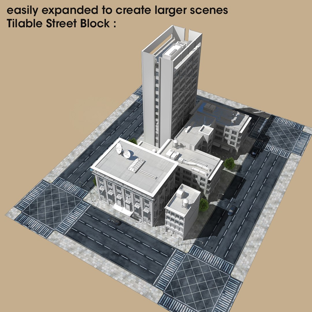 3d model city block buildings street