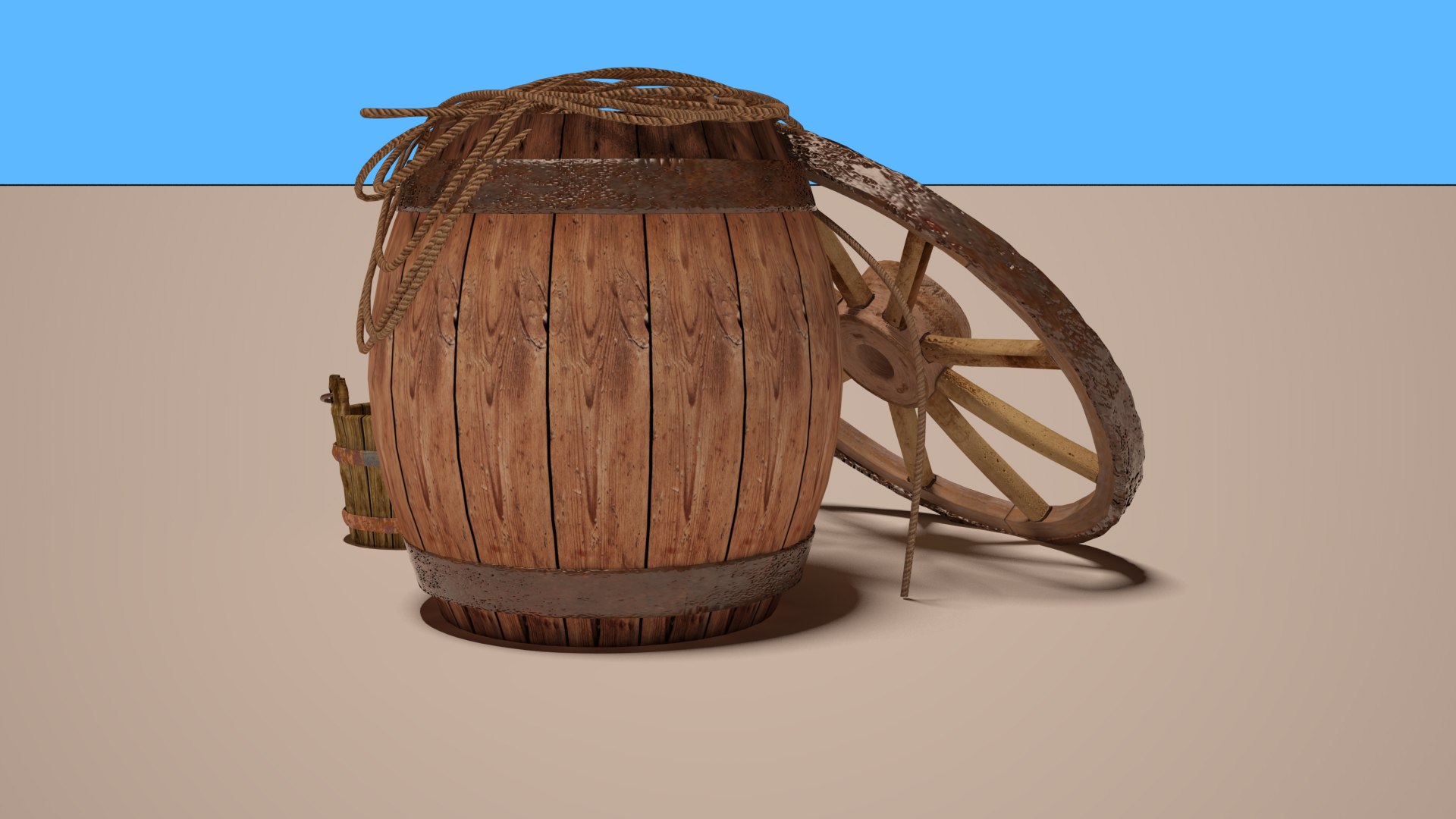 rope wagon wheel bucket 3d model