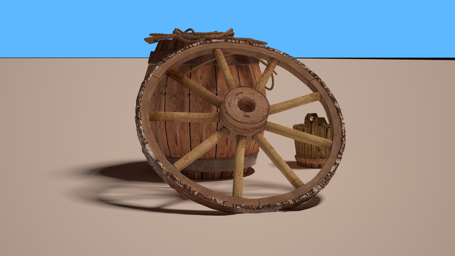 rope wagon wheel bucket 3d model