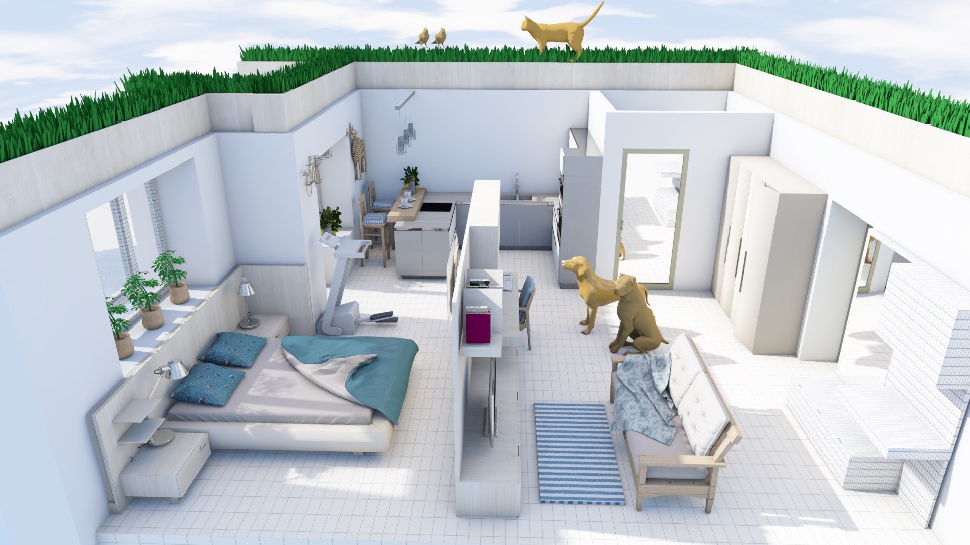 3D Studio Apartment With Furniture And Creatures Model - TurboSquid 2383687