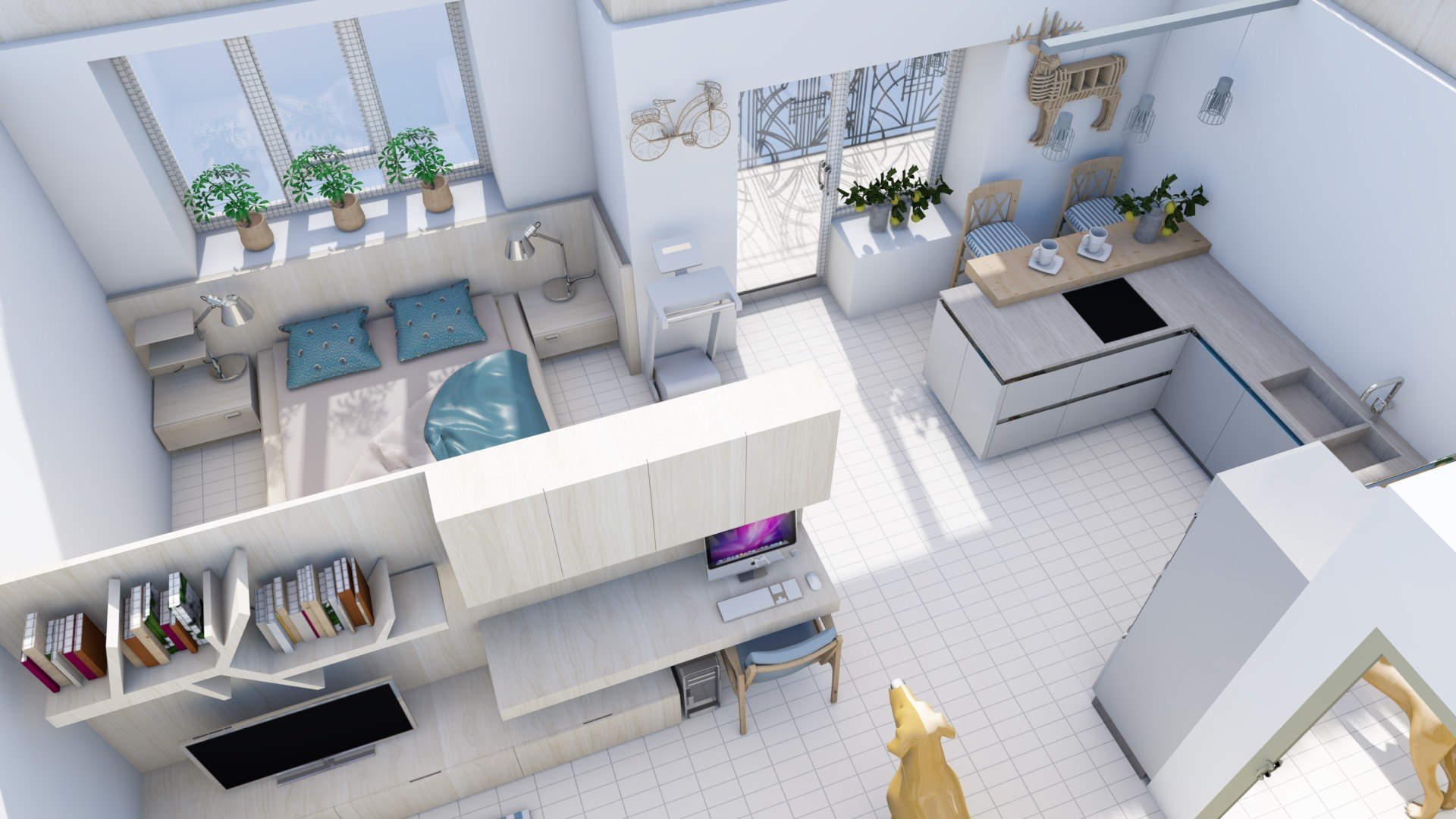 3D Studio Apartment With Furniture And Creatures Model - TurboSquid 2383687