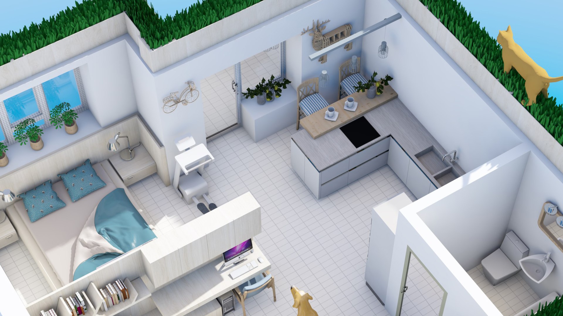3D Studio Apartment With Furniture And Creatures Model - TurboSquid 2383687