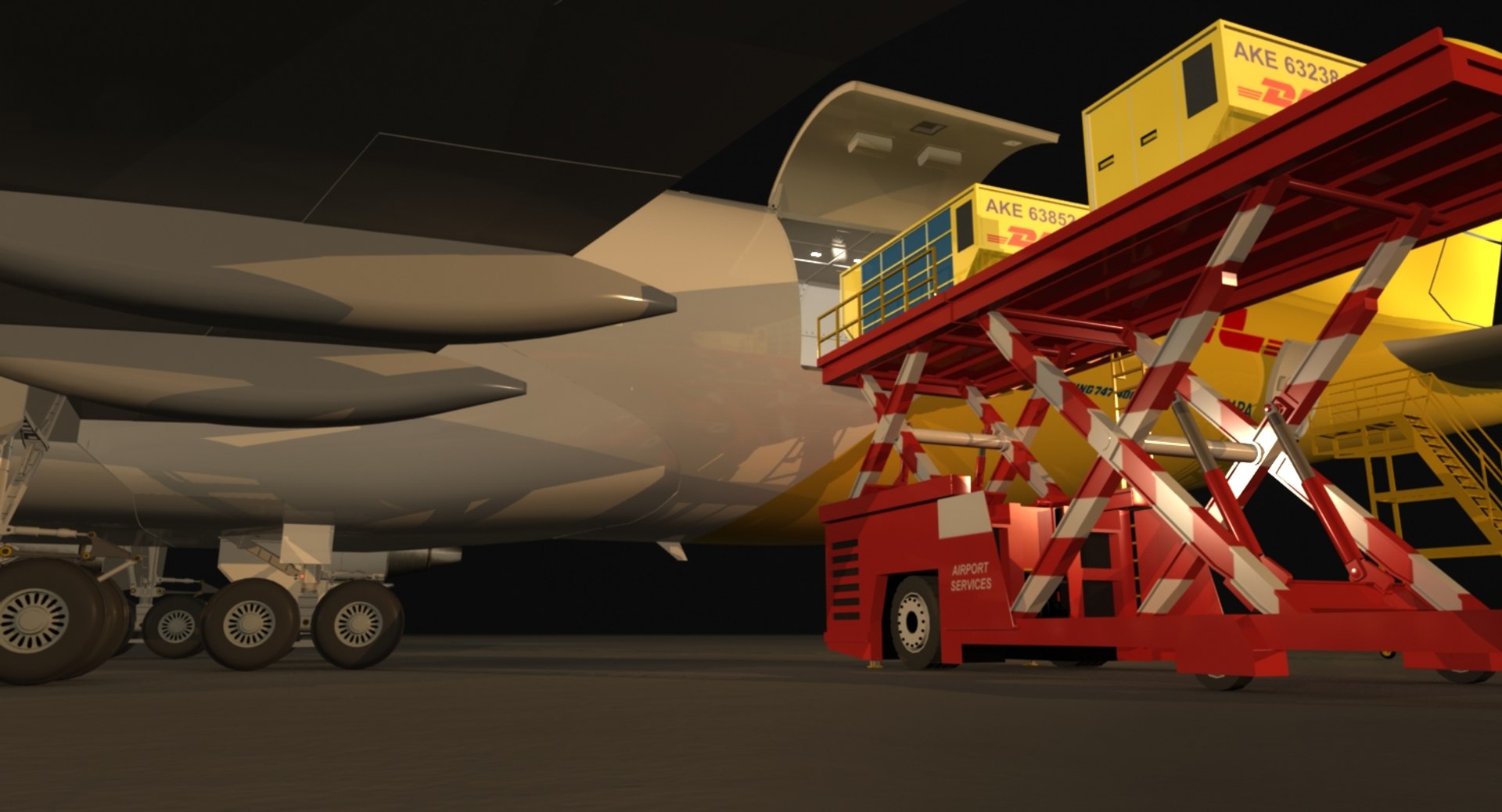 3d model of scene loading operation boeing 747-400
