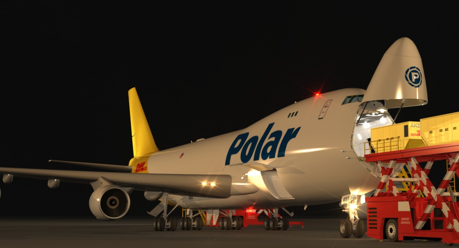 3d model of scene loading operation boeing 747-400